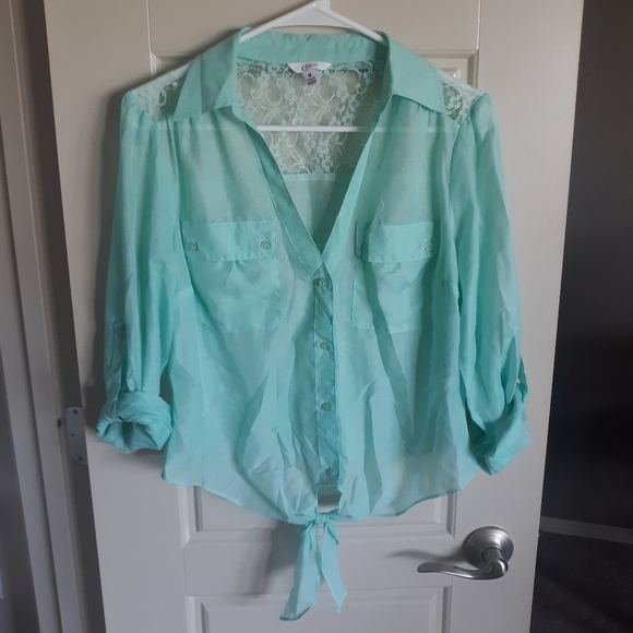 Candie's | Tops | Turquoise Sheer Lace Tie Front Top | Poshmark